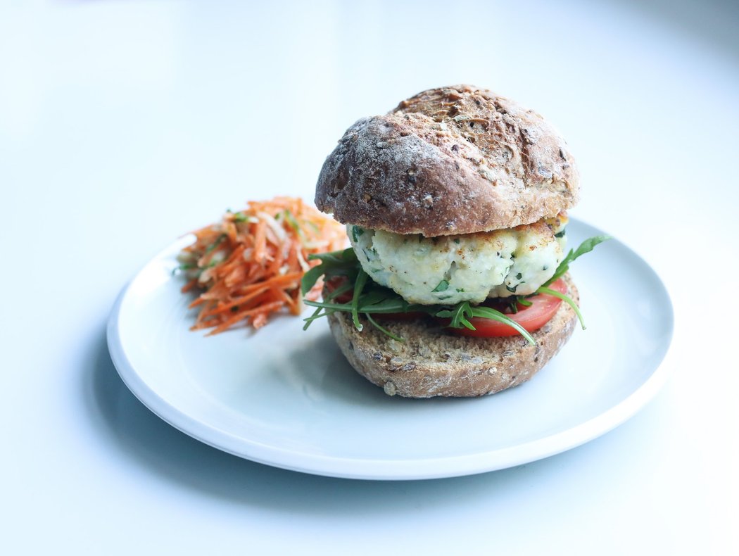 Nathan Outlaw’s cod burger served with a carrot and cucumber salad ...