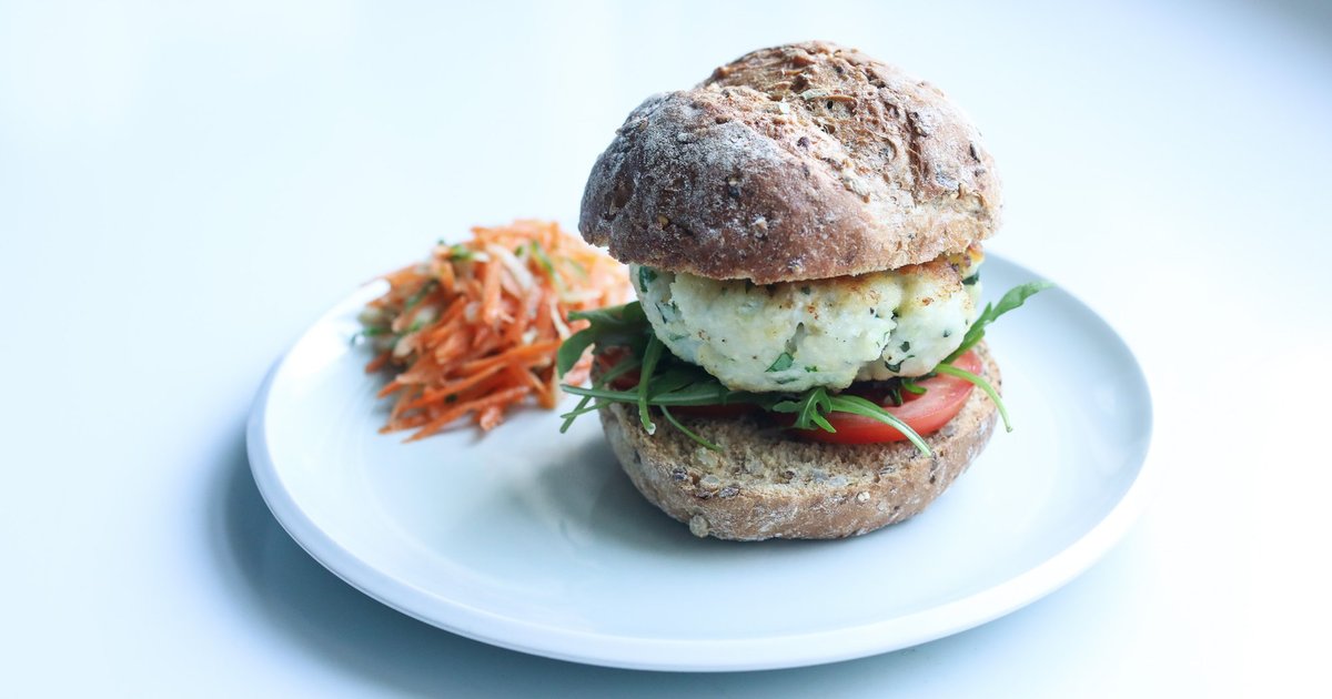 Nathan Outlaw’s cod burger served with a carrot and cucumber salad ...
