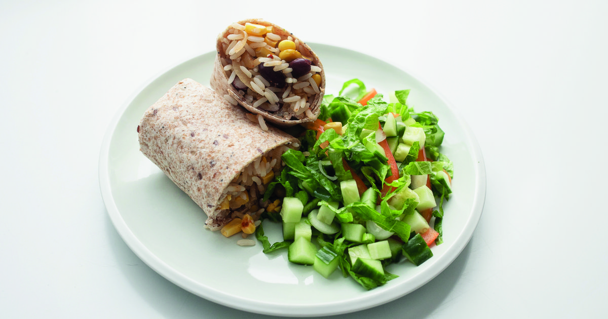 Rice and bean burrito with side salad | Kidney Care UK
